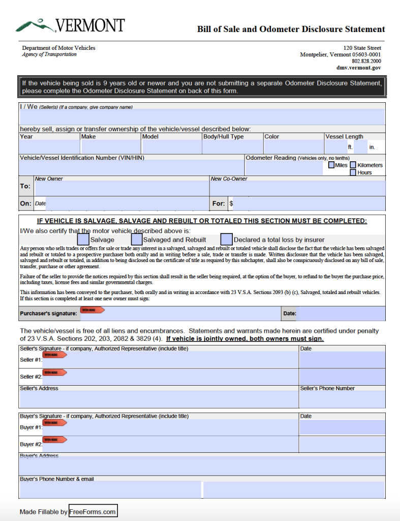Free Vermont Motor Vehicle / Vessel (DMV) Bill of Sale Form | PDF
