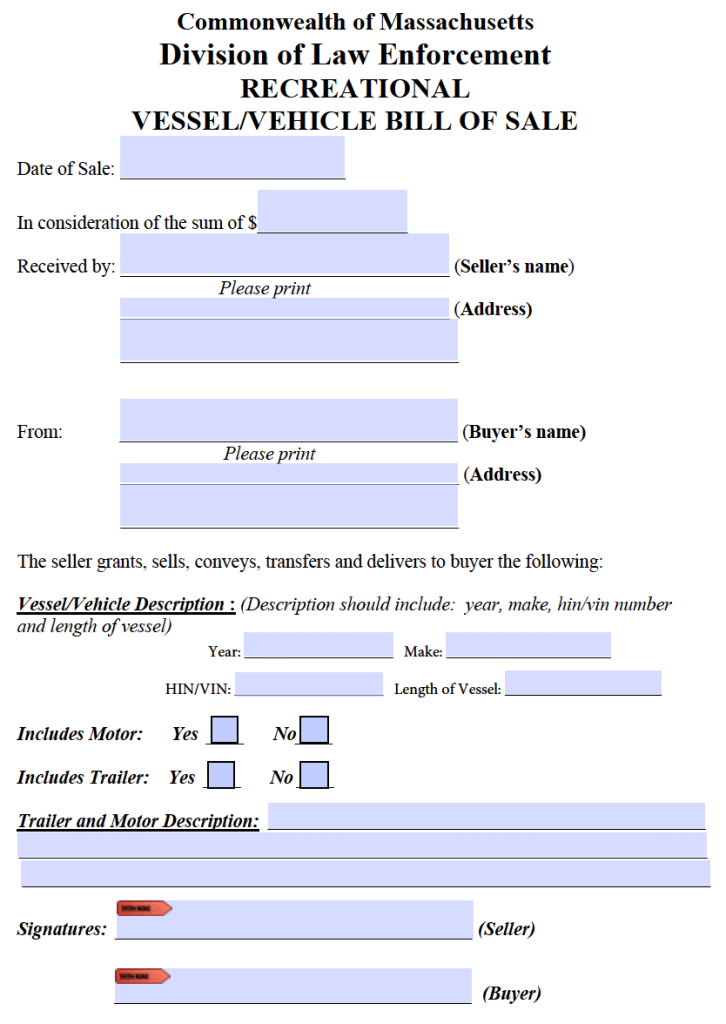 Free Massachusetts DMV Bill Of Sale Form For Motor Vehicle Trailer Or Boat PDF