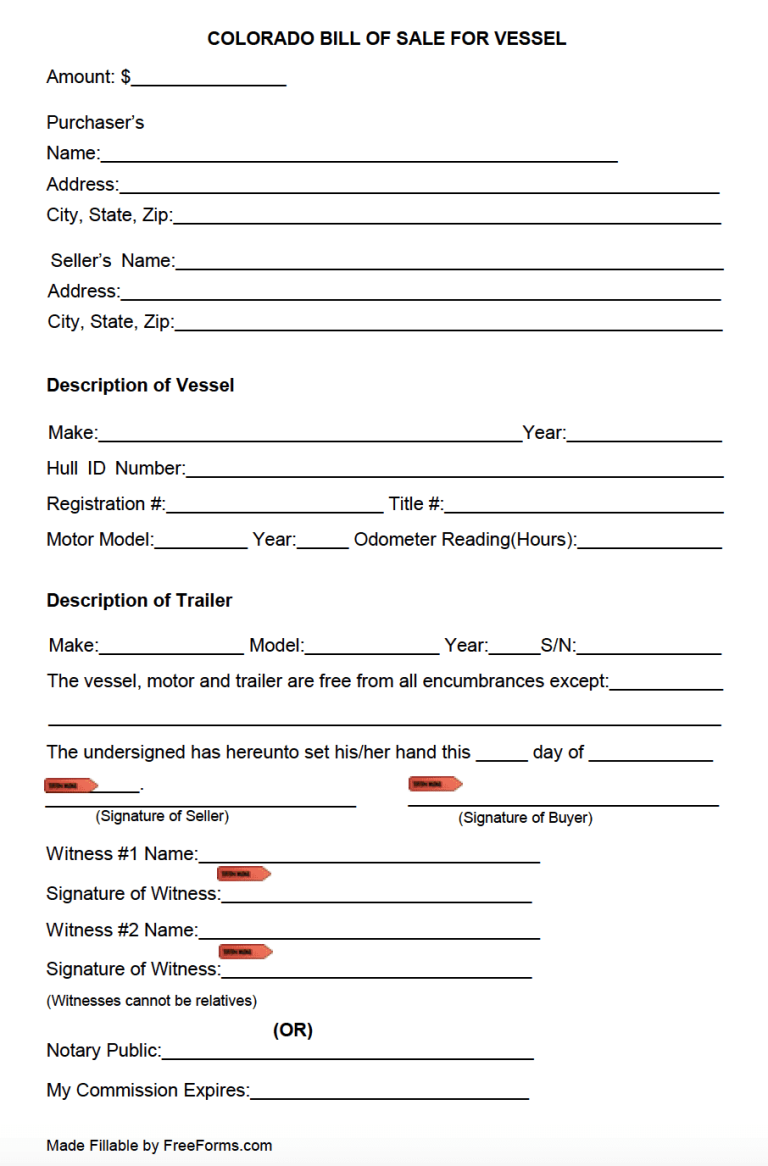 Free Colorado Boat (Vessel) Bill of Sale Form | PDF