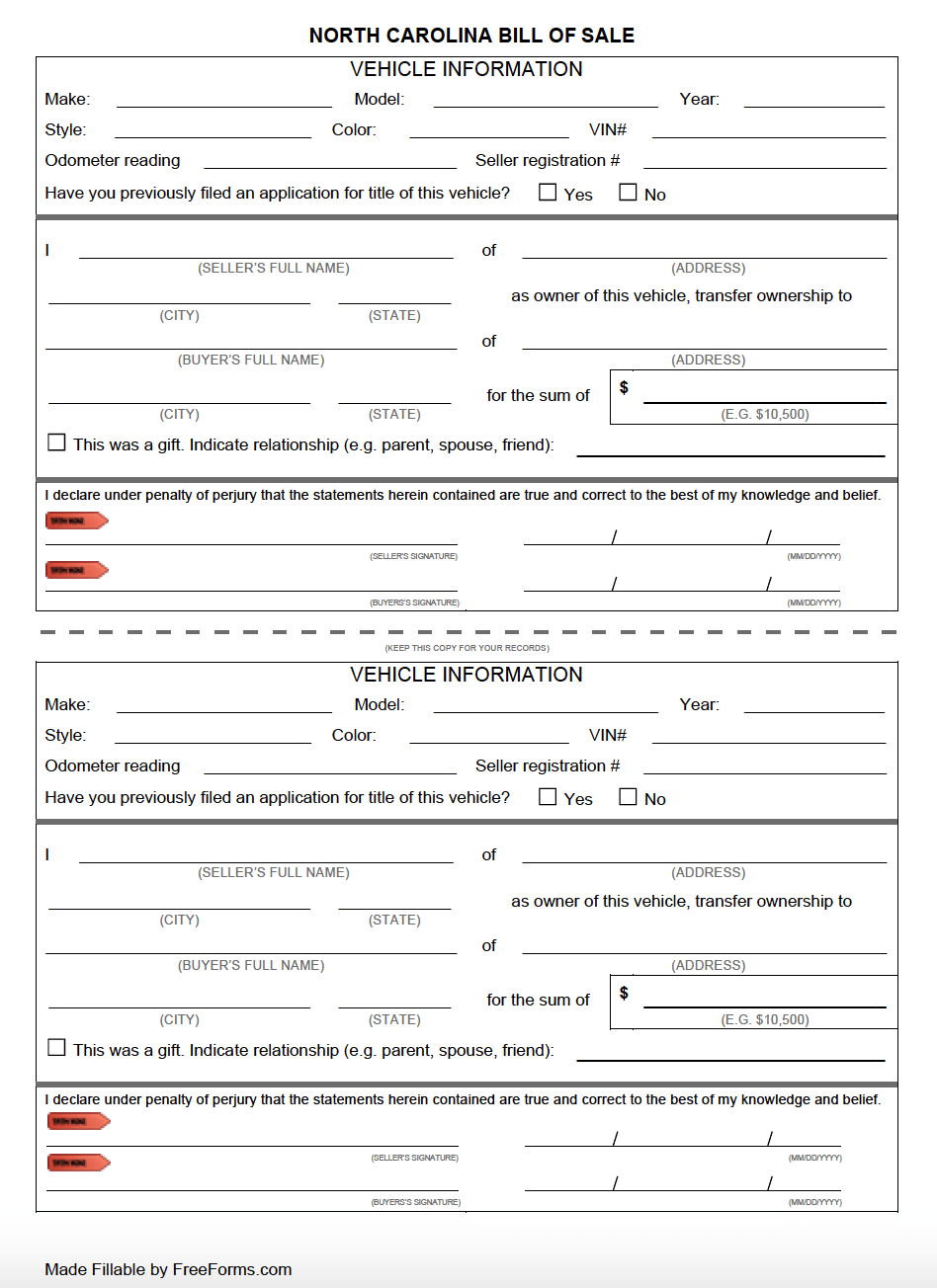 Free Printable Nc Vehicle Bill Of Sale Printable Templates