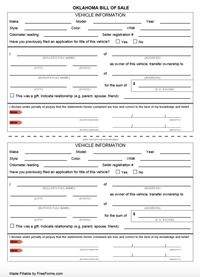 Printable Bill Of Sale Oklahoma