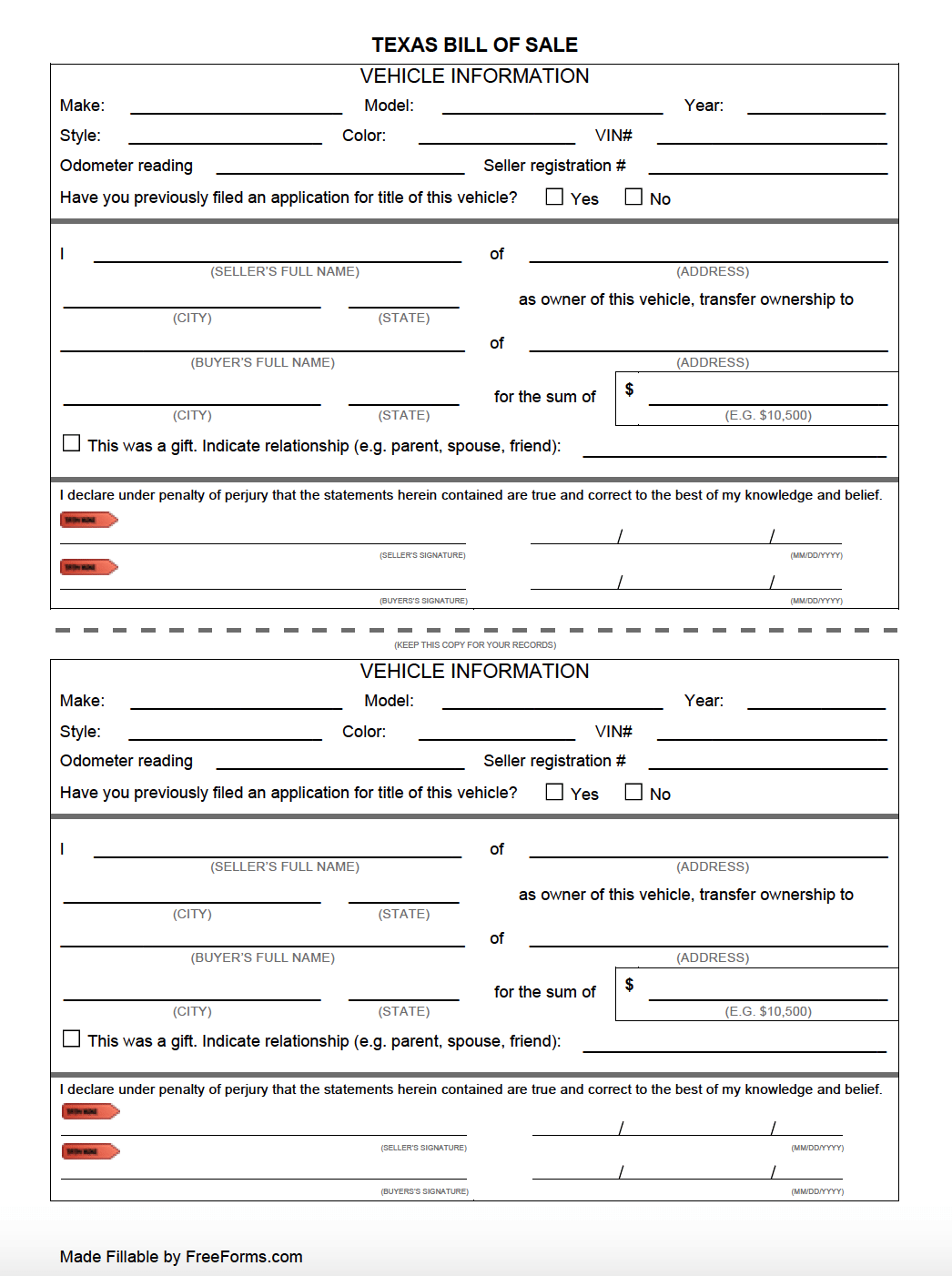 Bill Of Sale Texas Template Design