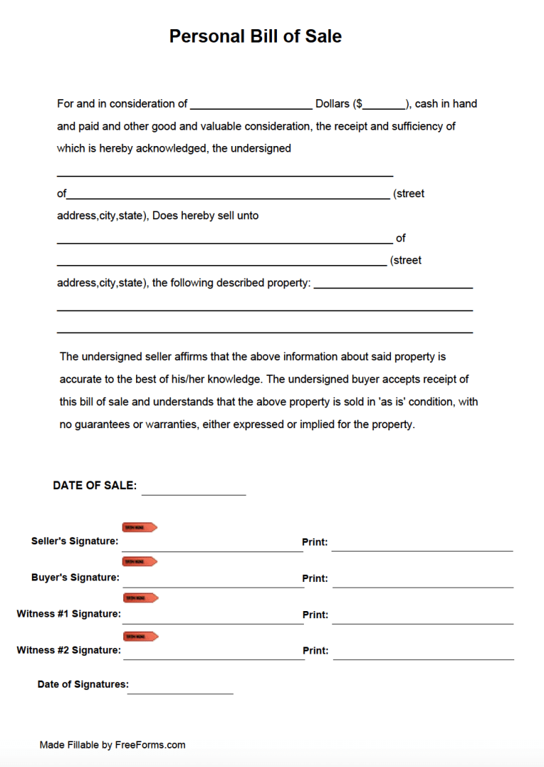 Free Personal Property Bill of Sale Form | PDF