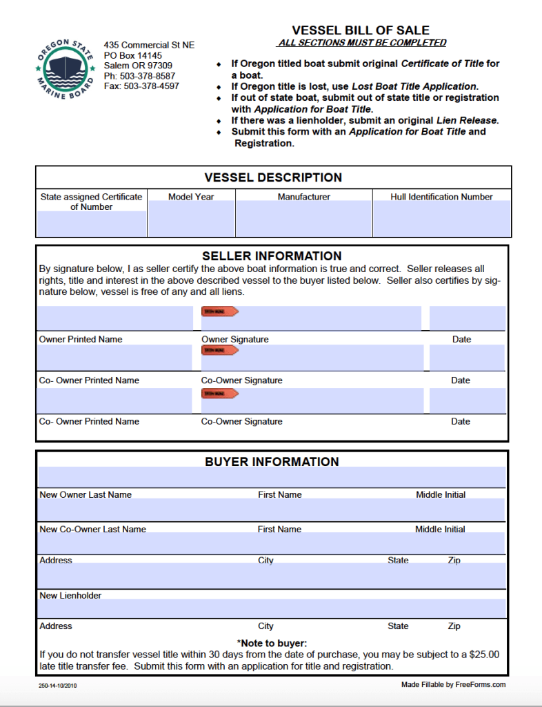 Free Oregon Boat (Vessel) Bill of Sale Form | PDF