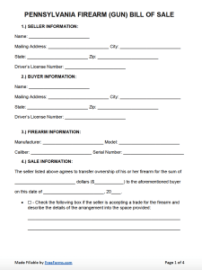 Free Pennsylvania Firearm (Gun) Bill of Sale Form | PDF | Word