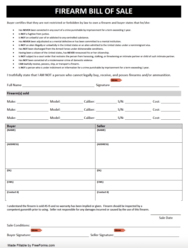 Free Texas Firearm (Gun) Bill of Sale Form | PDF
