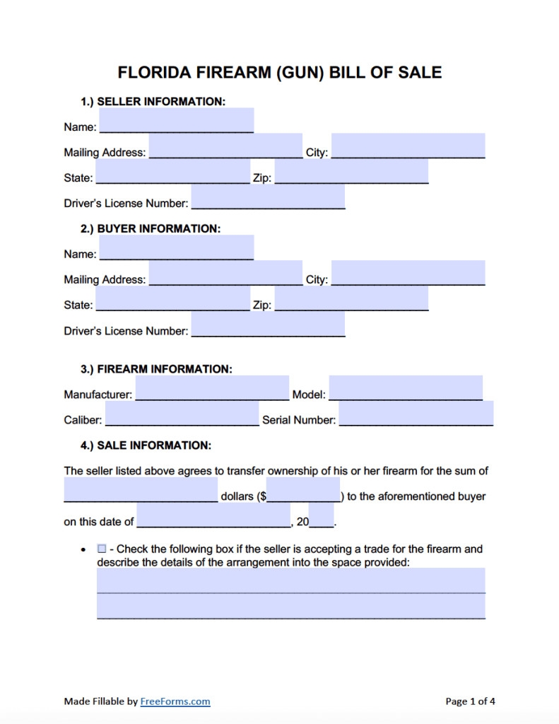Free Florida Firearm Gun Bill Of Sale Form PDF WORD