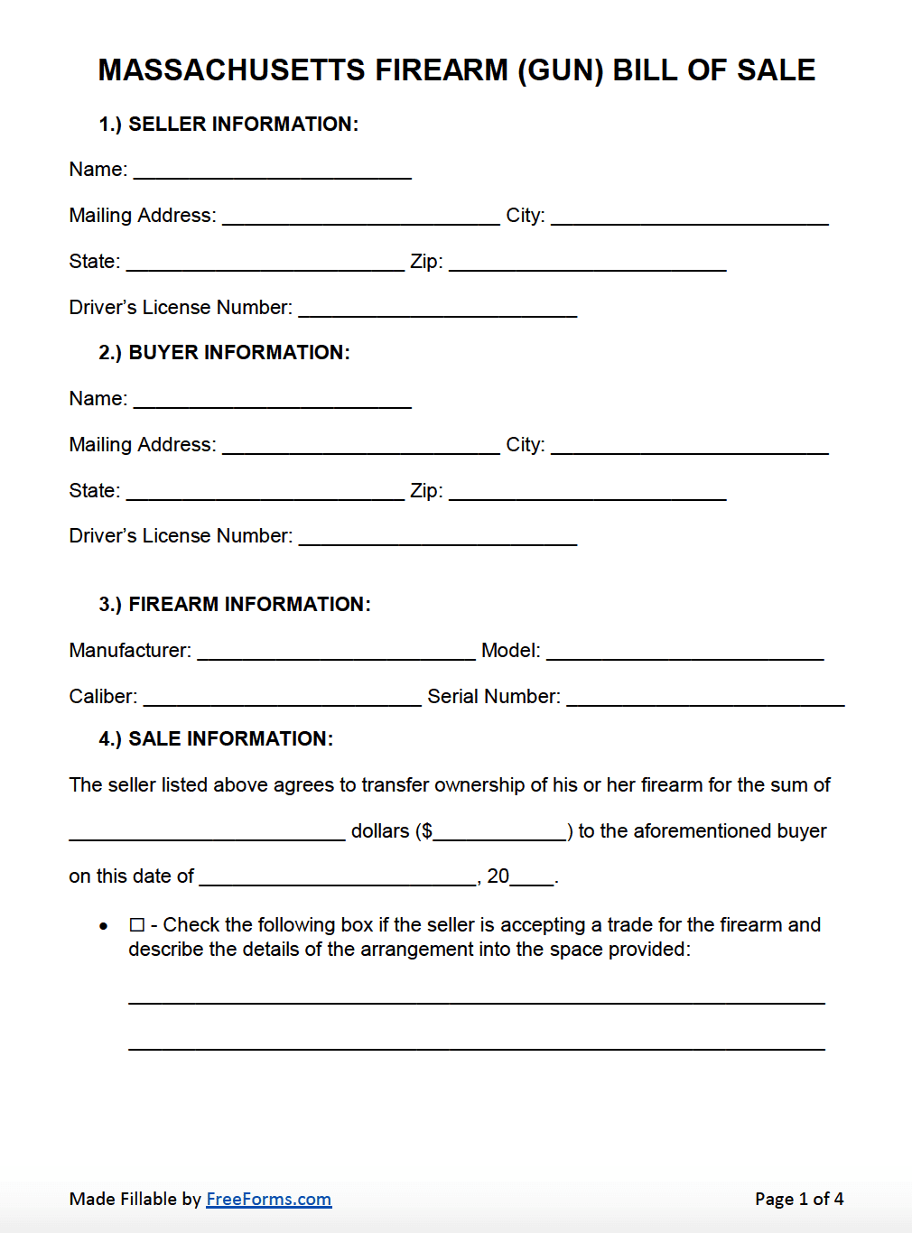 Free Massachusetts Firearm Gun Bill Of Sale Form PDF WORD