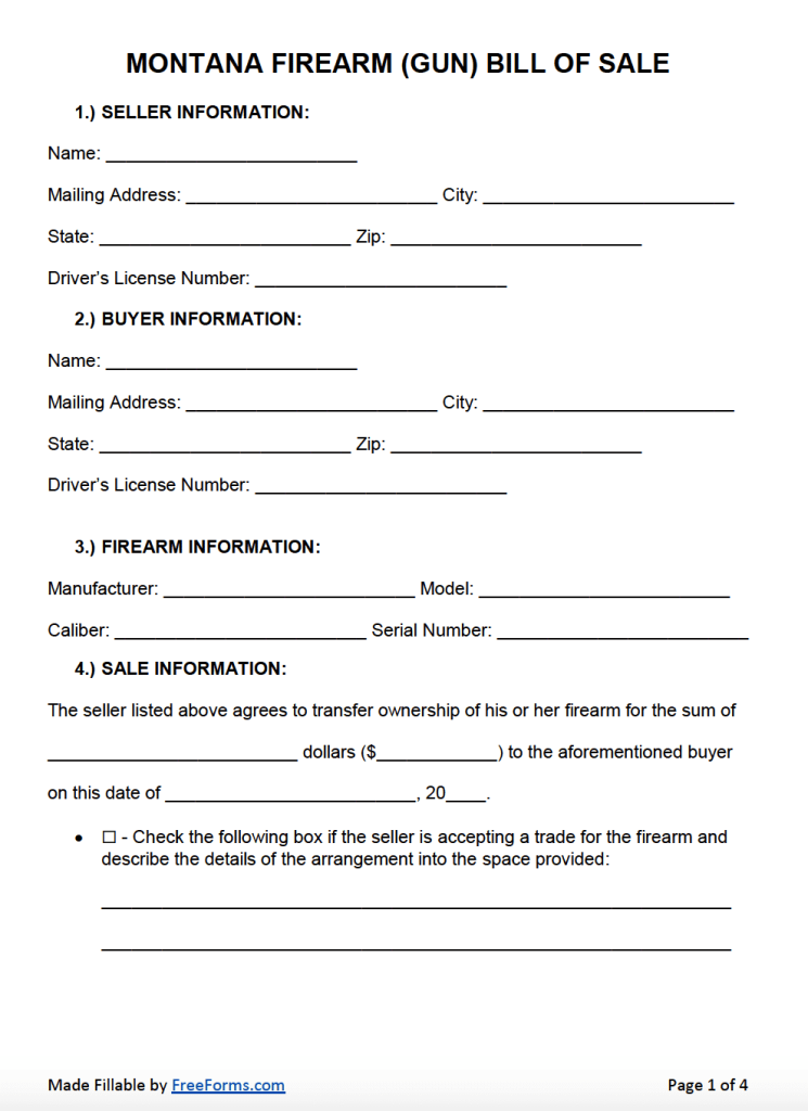 Free Montana Firearm Gun Bill Of Sale Form PDF WORD