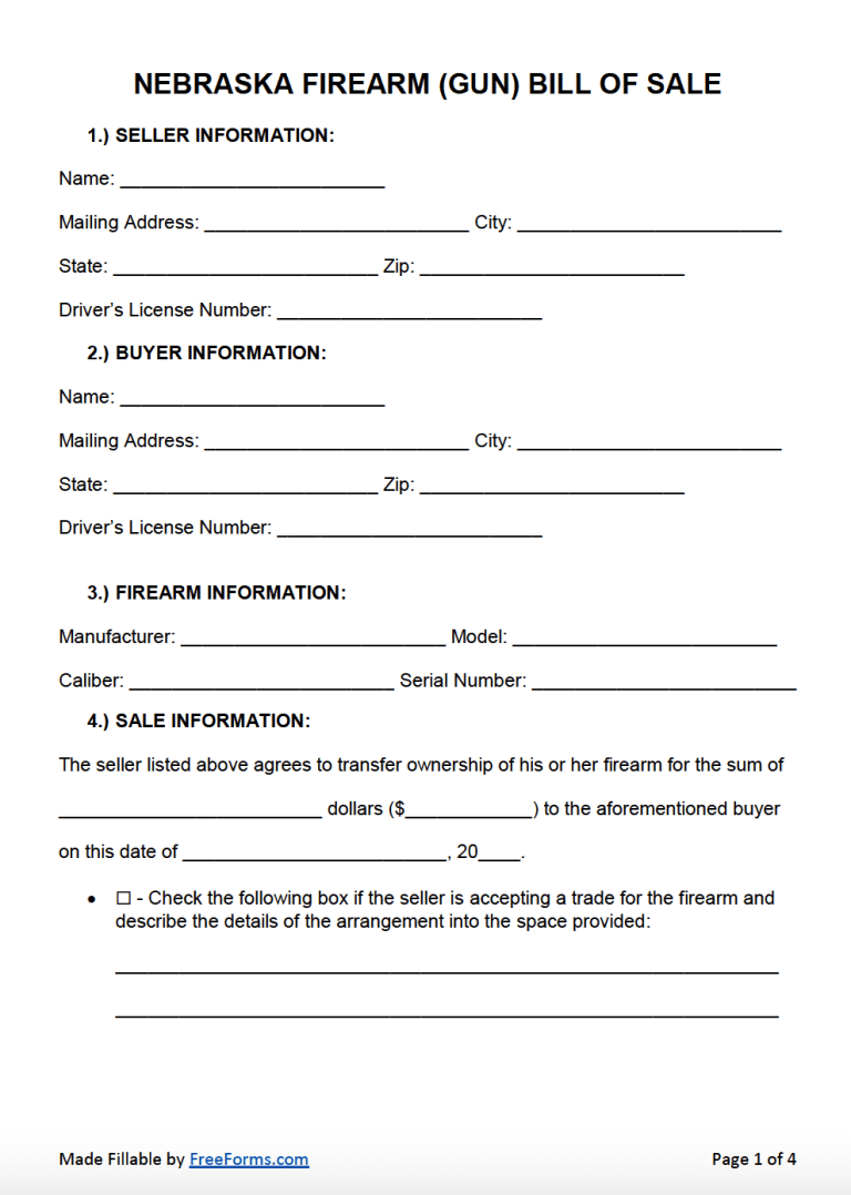 Free Nebraska Firearm (Gun) Bill of Sale Form | PDF | Word