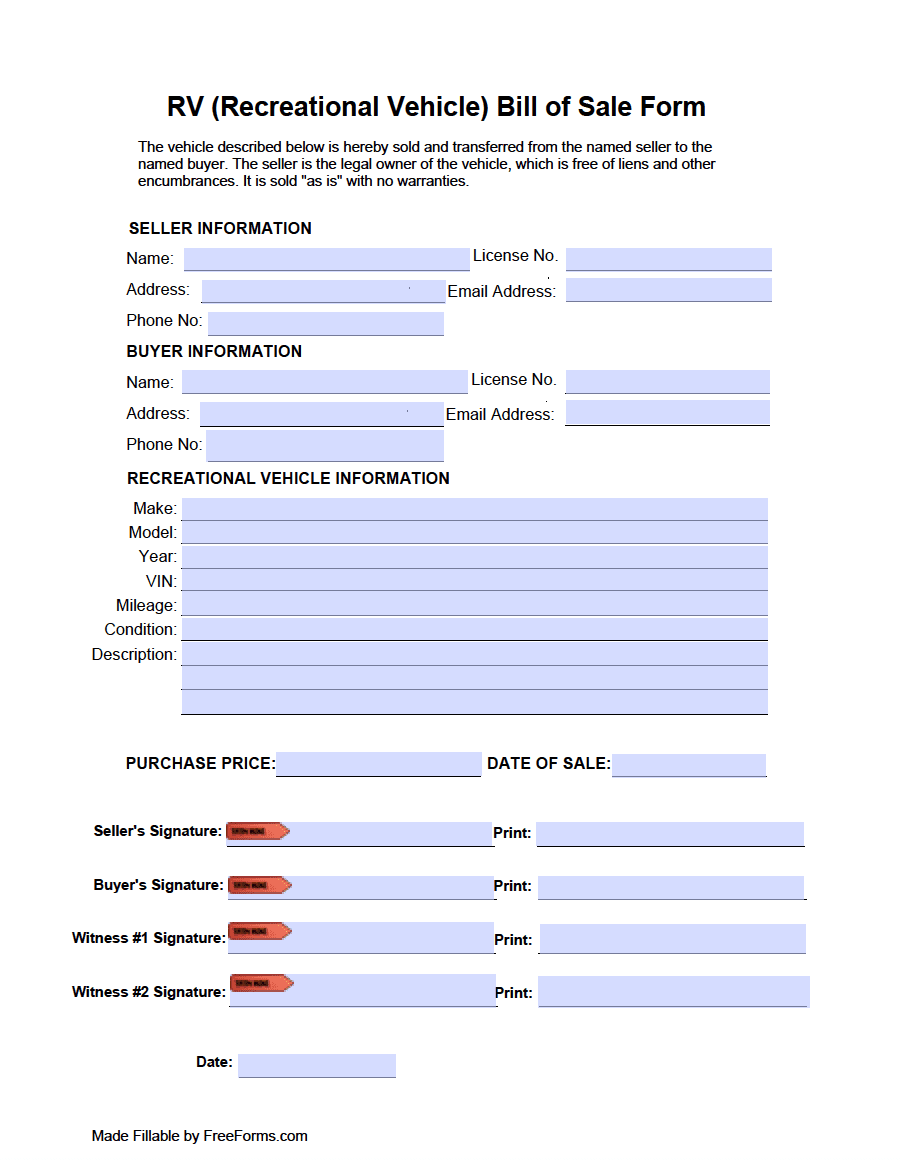 Bill Of Sale Form For Camper Trailer