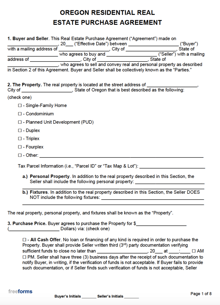 Free Oregon Real Estate Purchase Agreement Template PDF WORD
