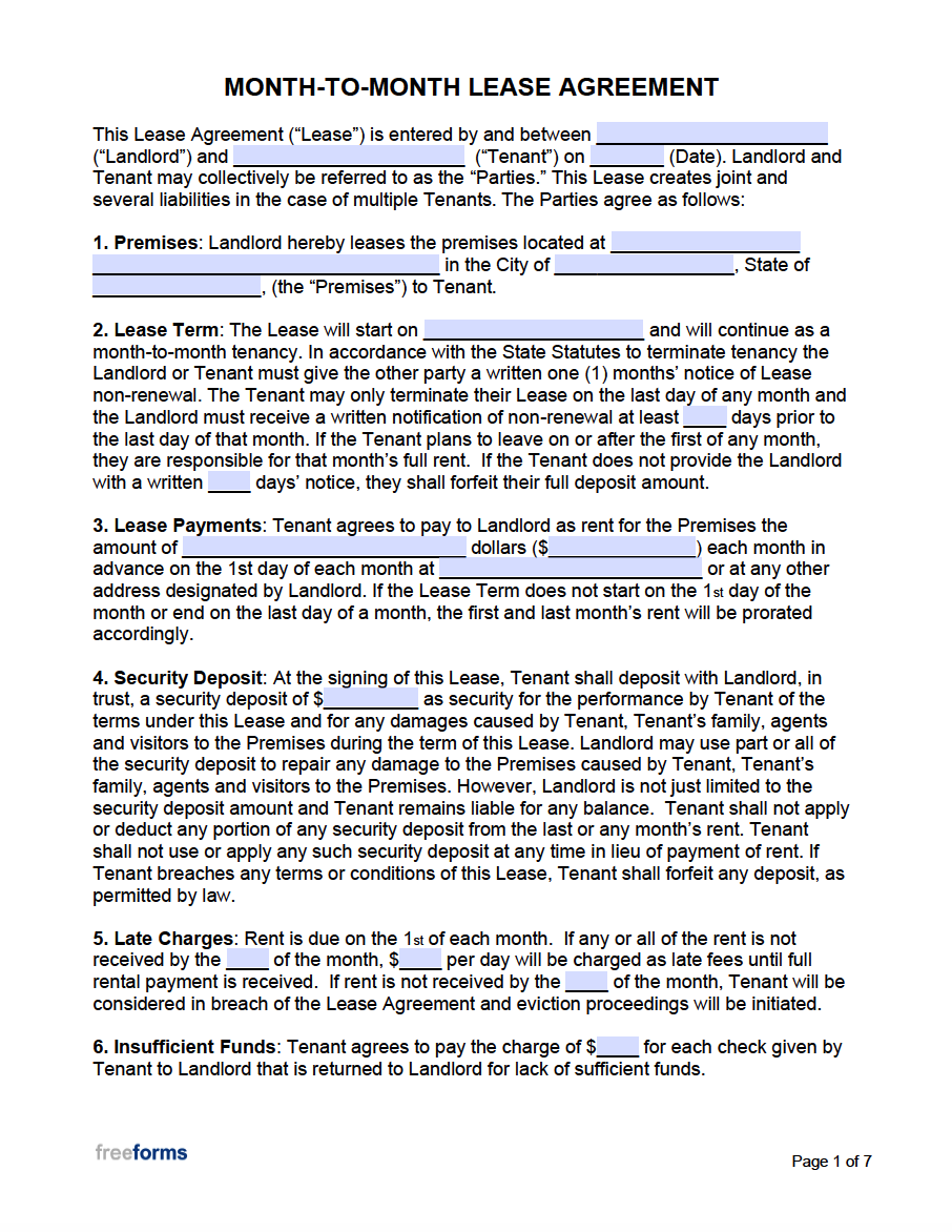 Month To Month Rental Agreement Template Free Printable Form 