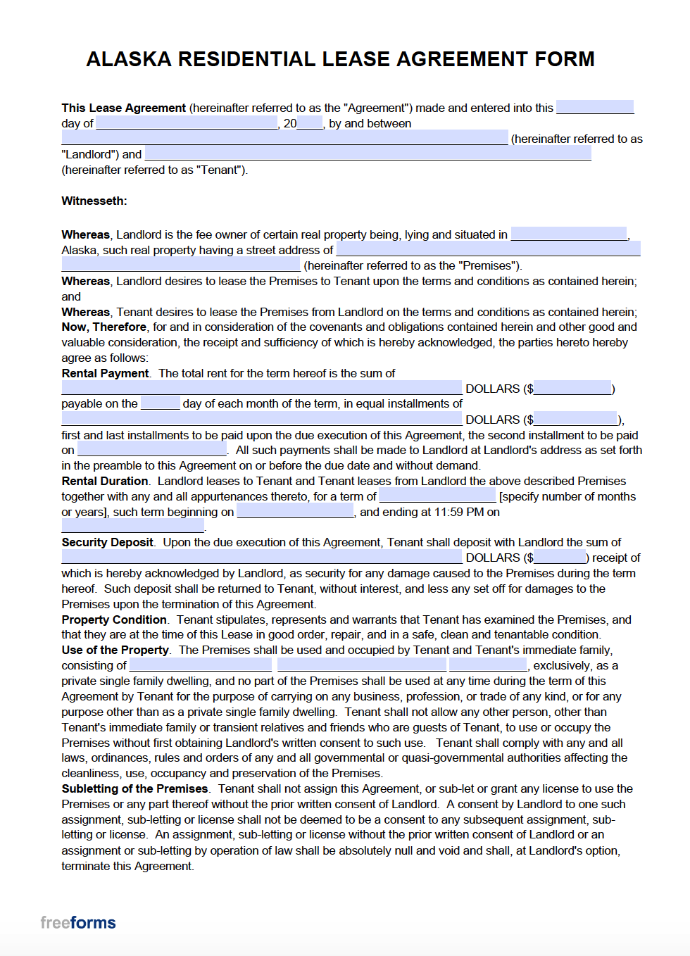 Free Alaska Rental Lease Agreement Templates PDF WORD