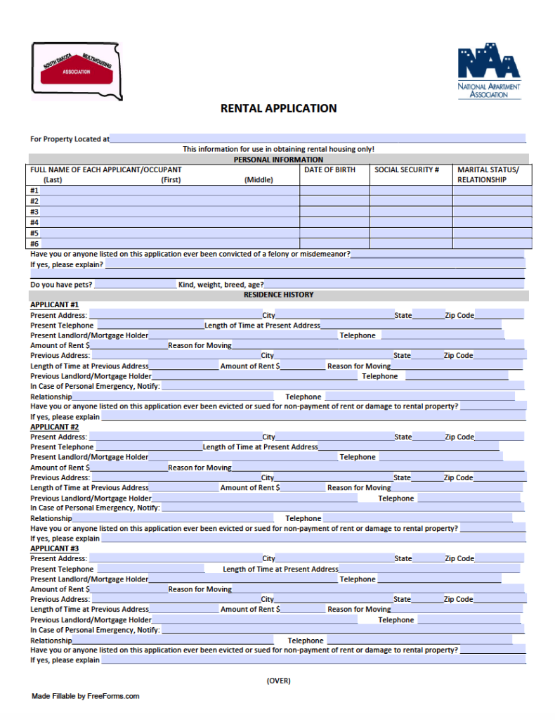 Free South Dakota Rental Application Form | PDF