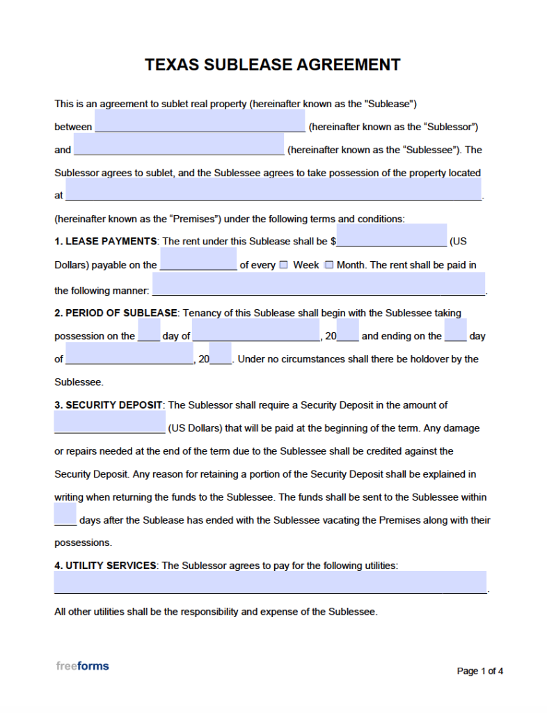 Free Texas Sublease Agreement Form PDF WORD