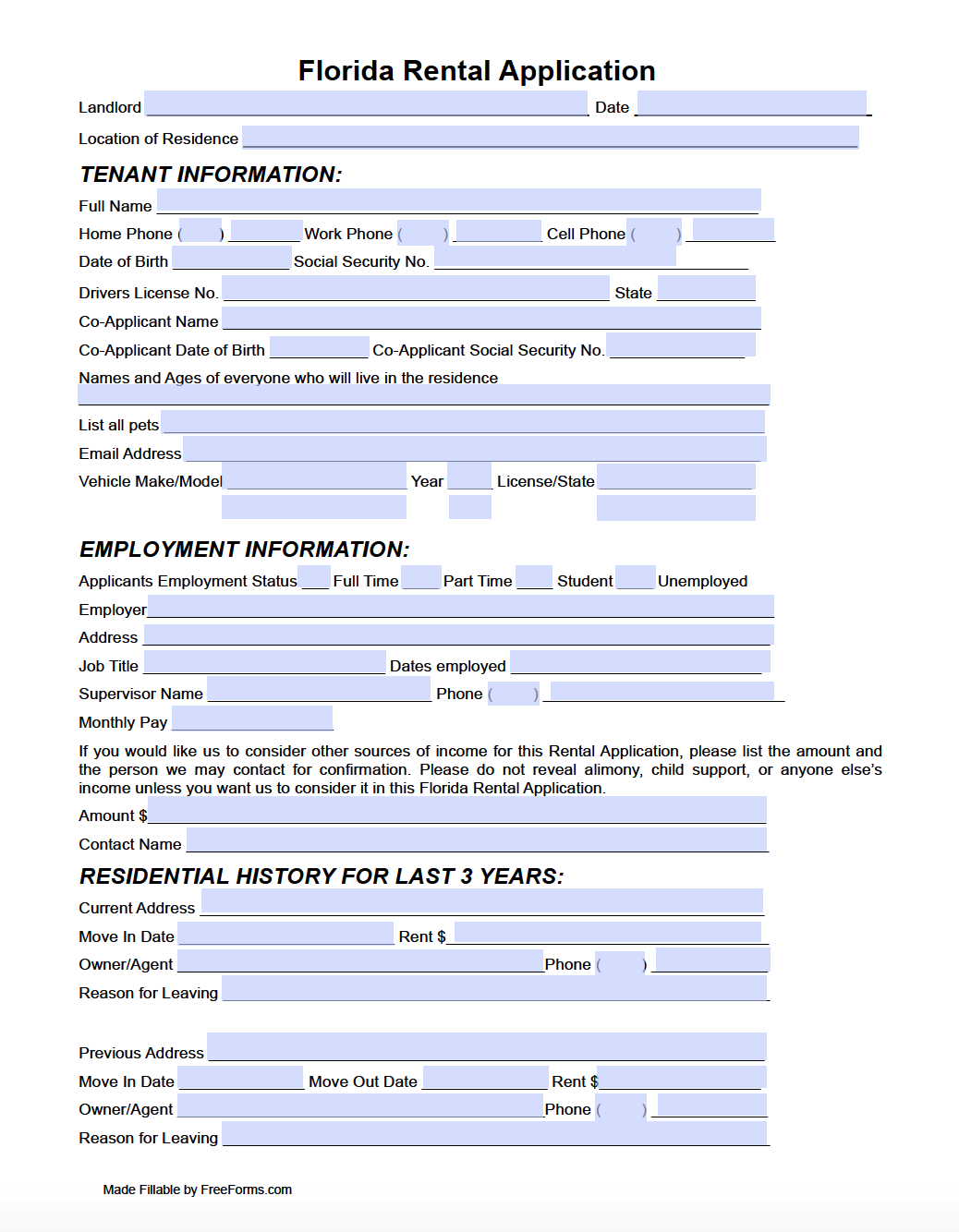 Printable Rental Application Form Florida Printable Forms Free Online