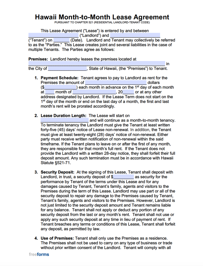 Free Hawaii Rental Lease Agreement Templates Pdf Word