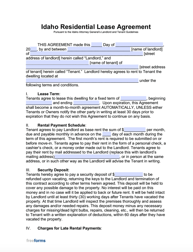 Free Idaho Rental Lease Agreement Templates PDF WORD