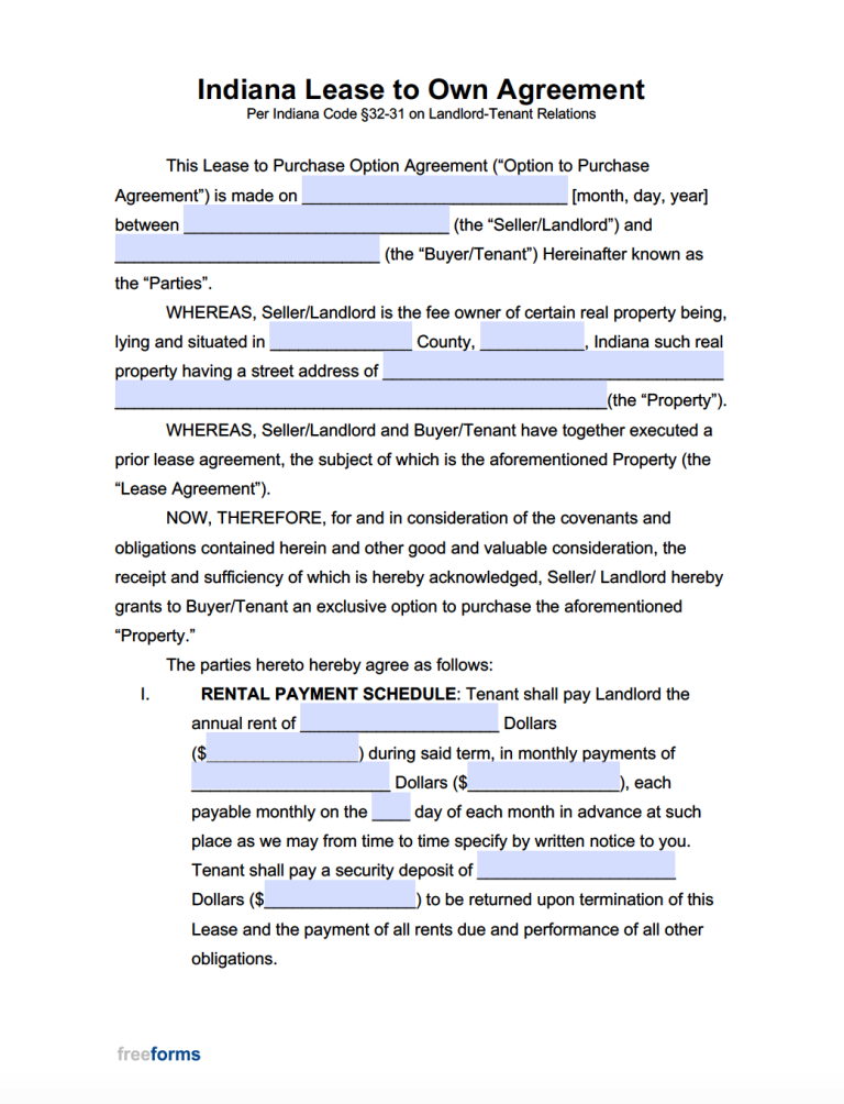 Free Indiana Lease To Own Agreement Form PDF WORD