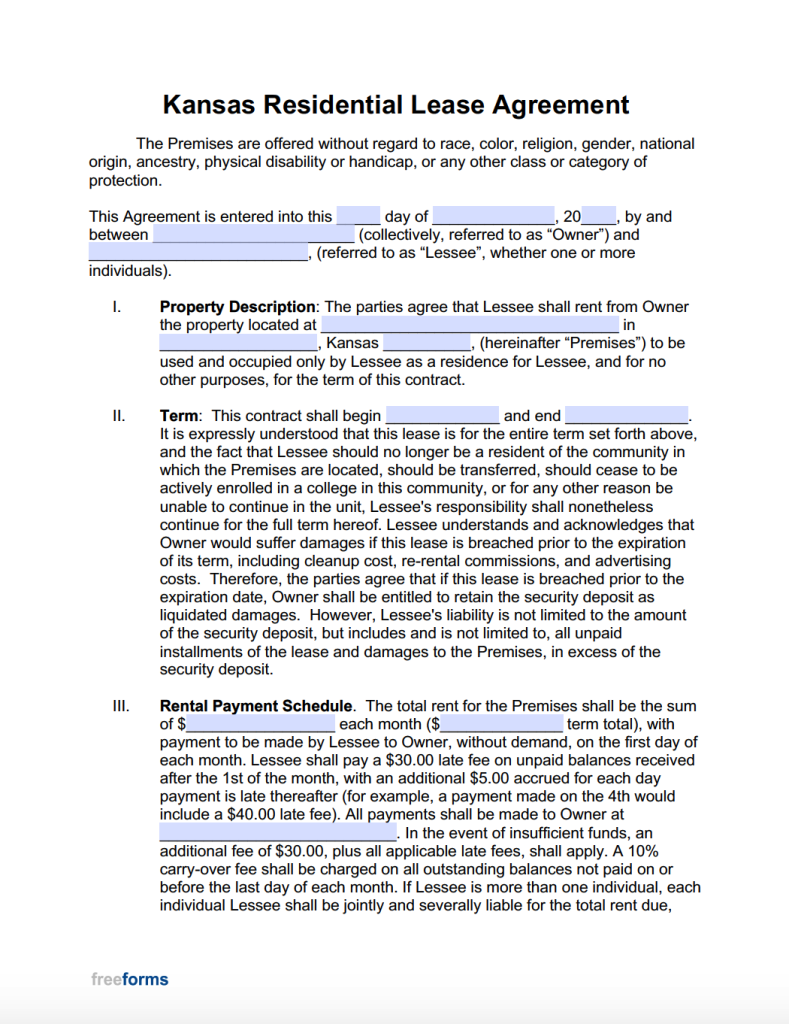 Free Kansas Rental Lease Agreement Templates PDF WORD