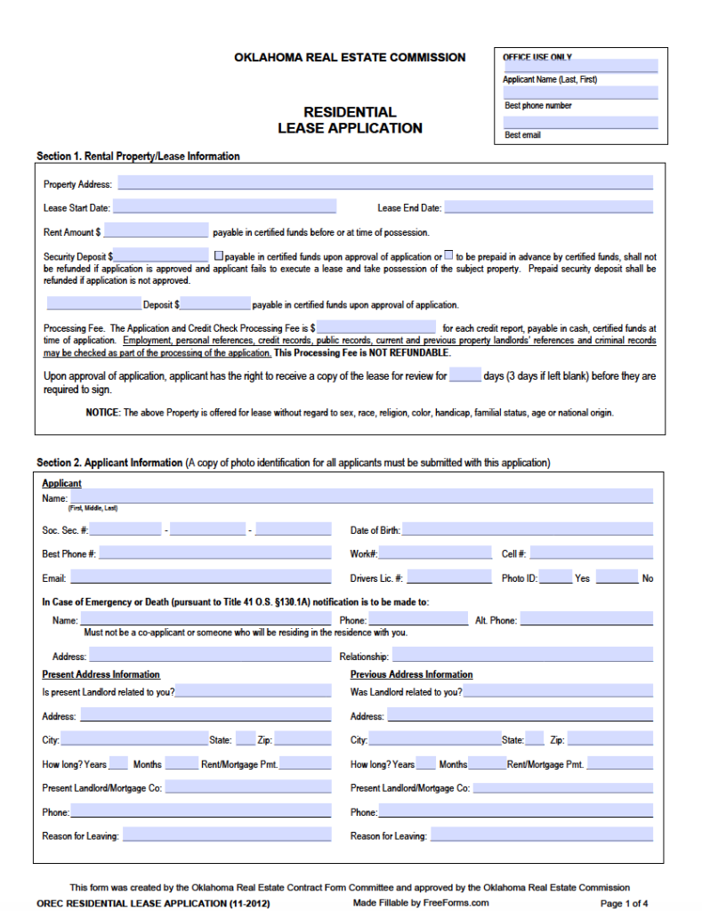 Free Oklahoma Rental Application Form | PDF