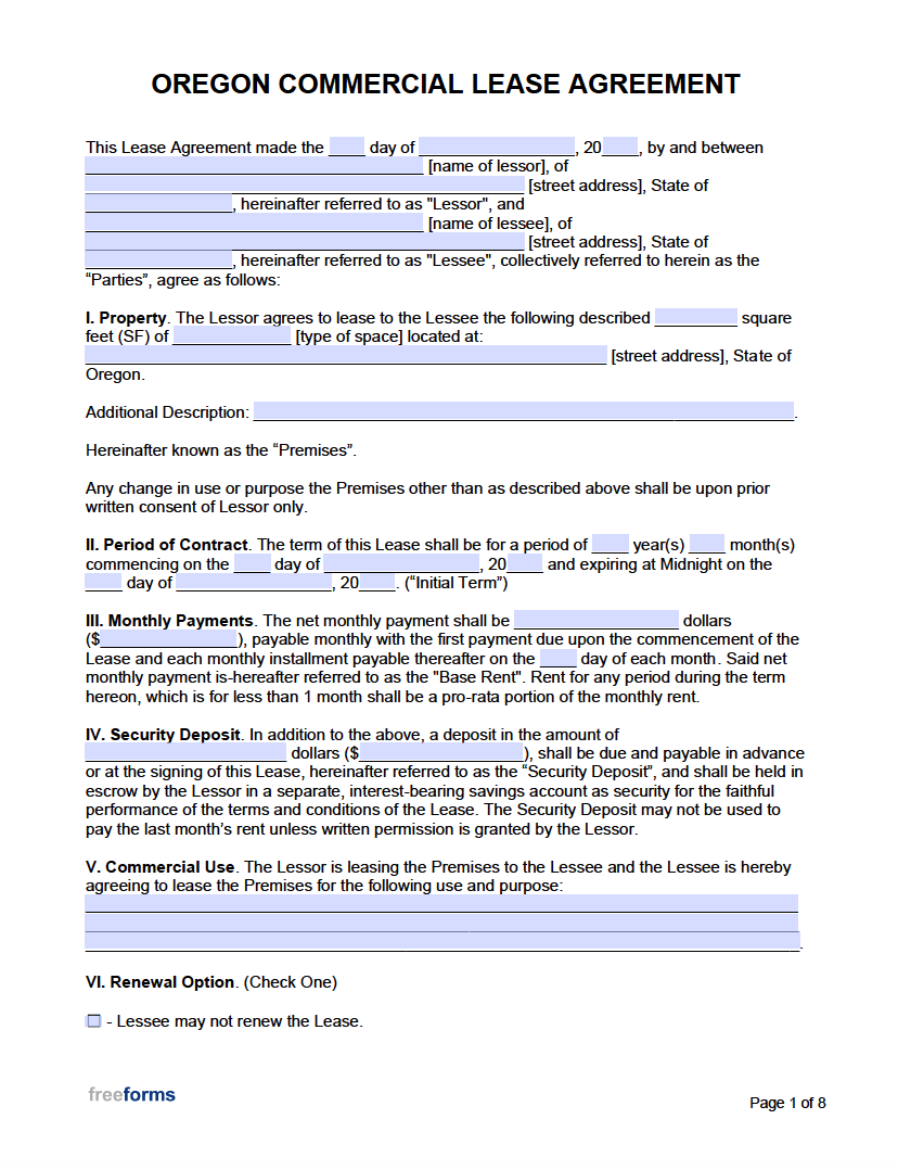 Free Oregon Commercial Lease Agreement Template PDF WORD