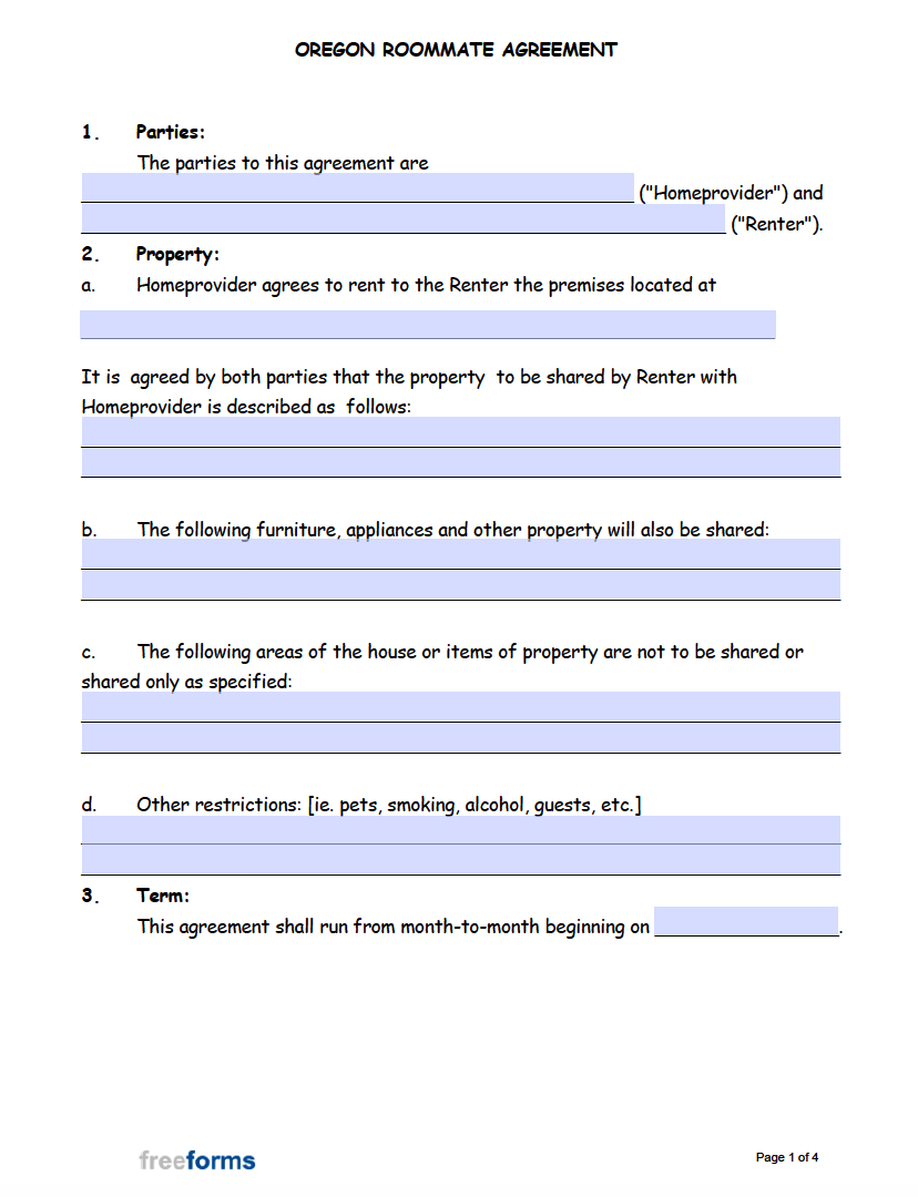 Free Oregon Roommate Agreement Template PDF