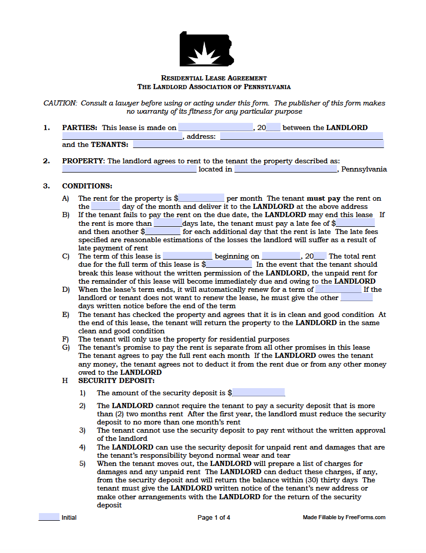 Free Pa Lease Agreement Template Printable Word Searches