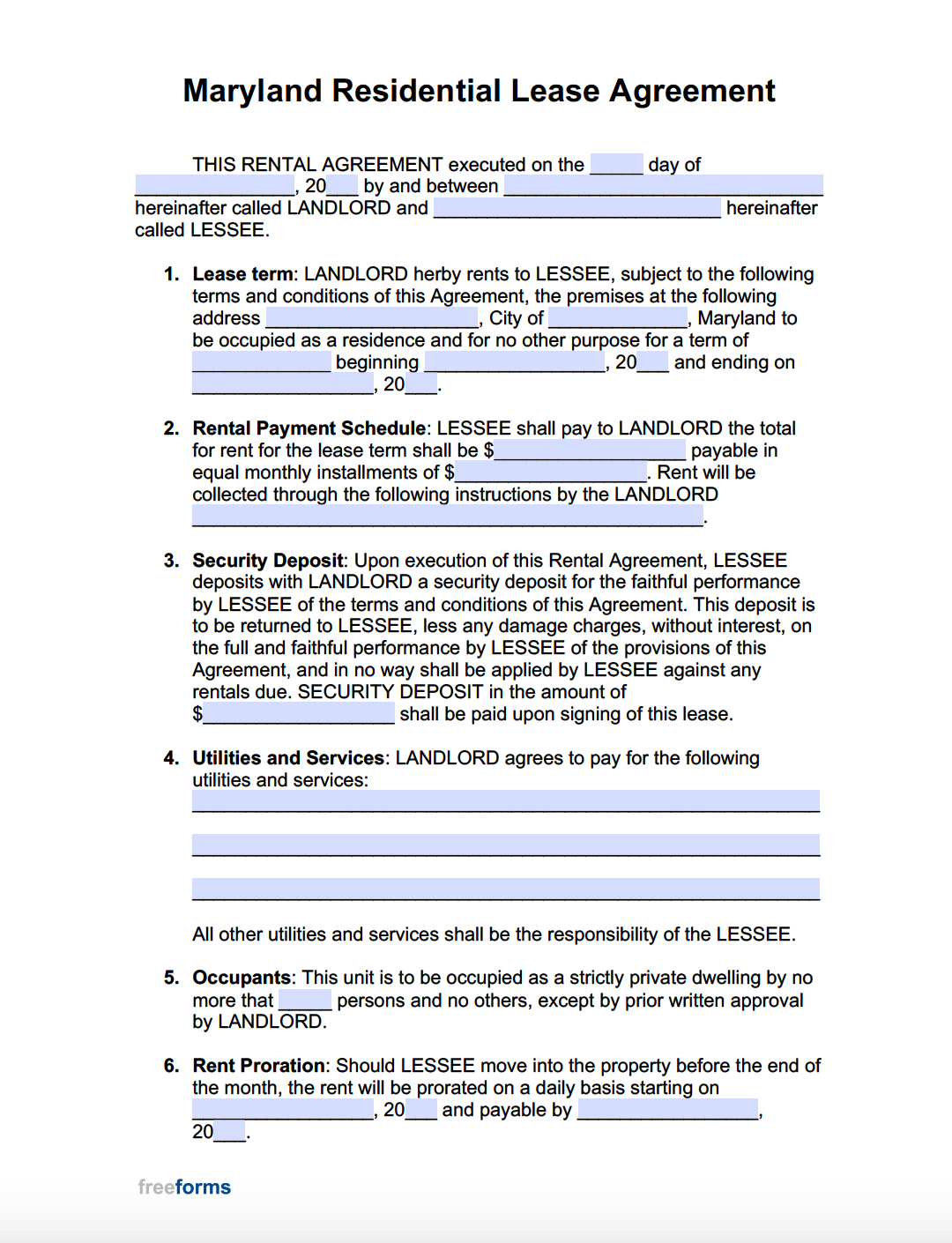 Maryland Rental Lease Agreement Printable Form Templates And Letter