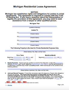 Free Michigan Rental Lease Agreement Templates | PDF | Word