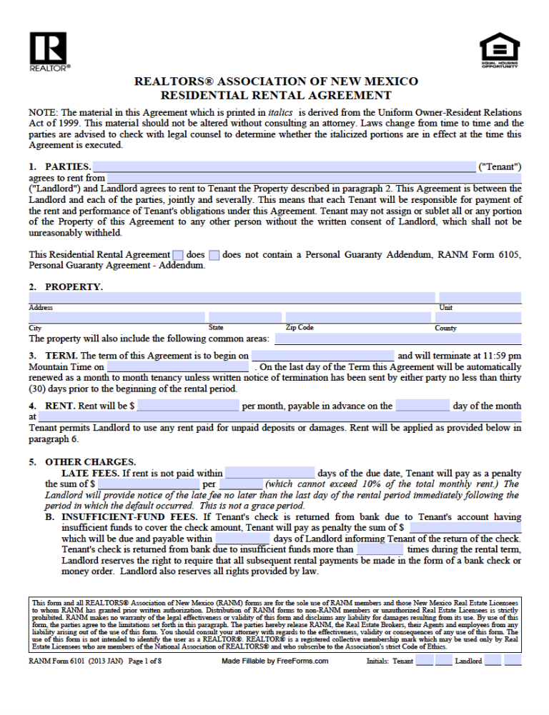 Free New Mexico Rental Lease Agreement Templates PDF WORD