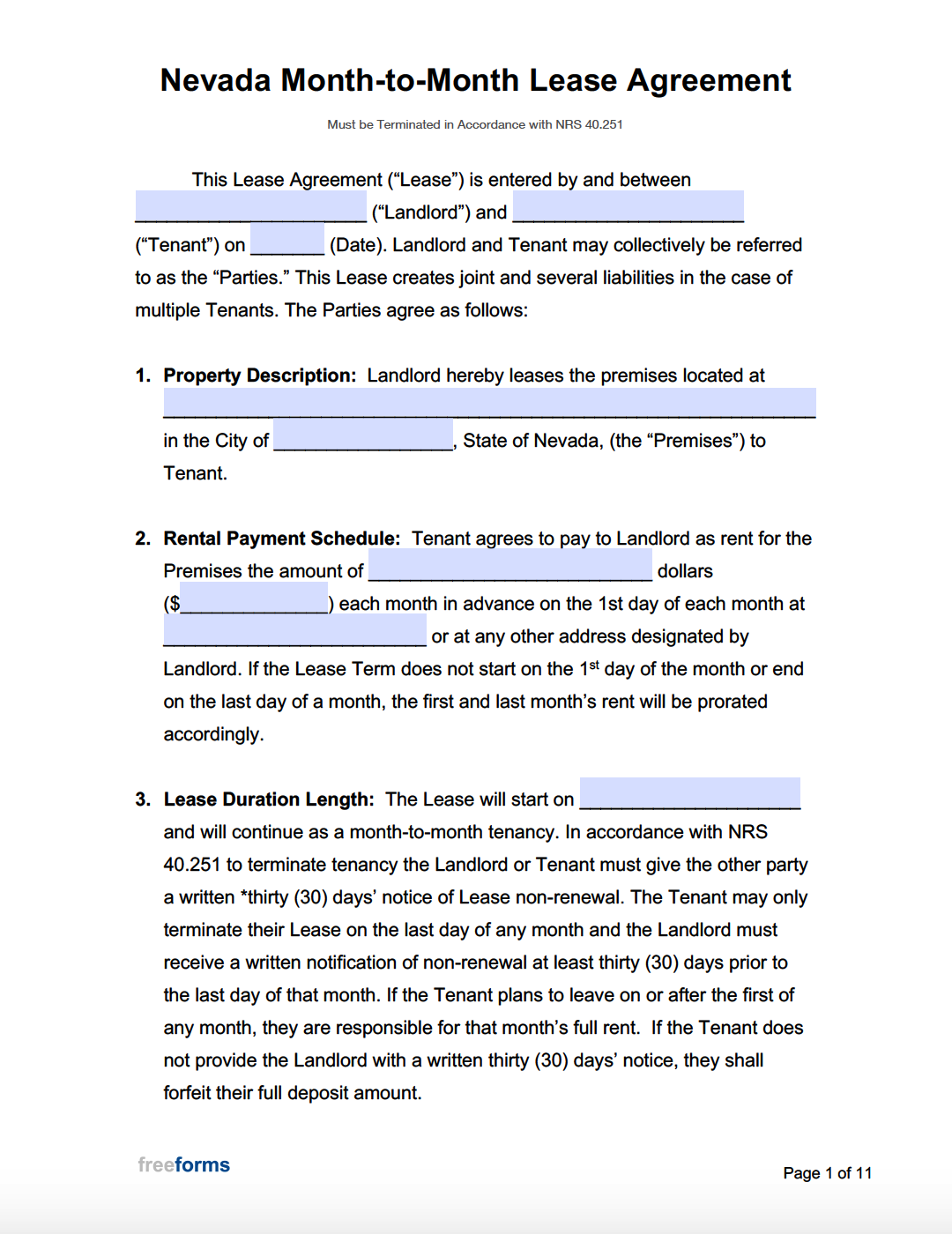 Free Nevada Month to Month Lease Agreement PDF WORD