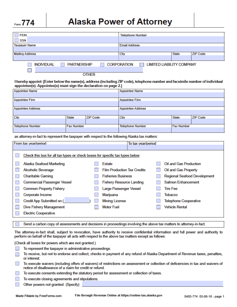 Free Alaska State Tax Power of Attorney (Form 774) | PDF