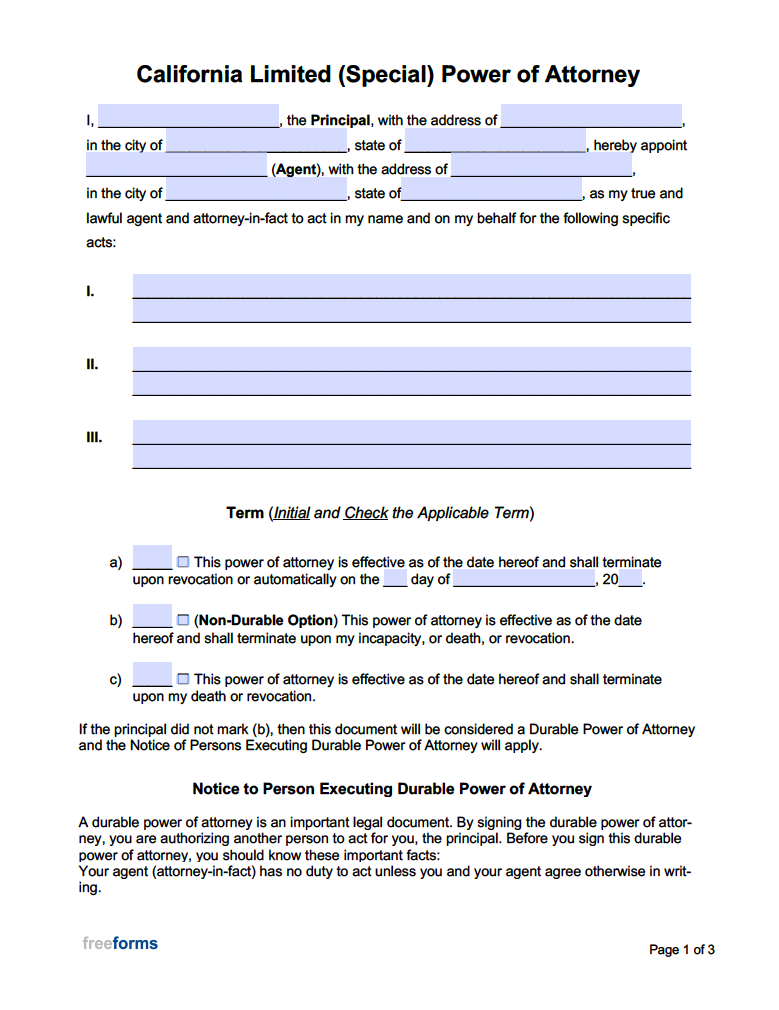 Free Printable Power Of Attorney Form California