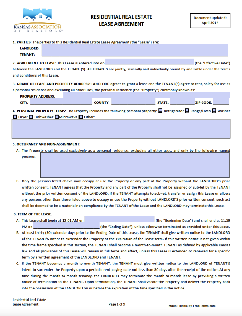 Free Kansas Rental Lease Agreement Templates | PDF | WORD