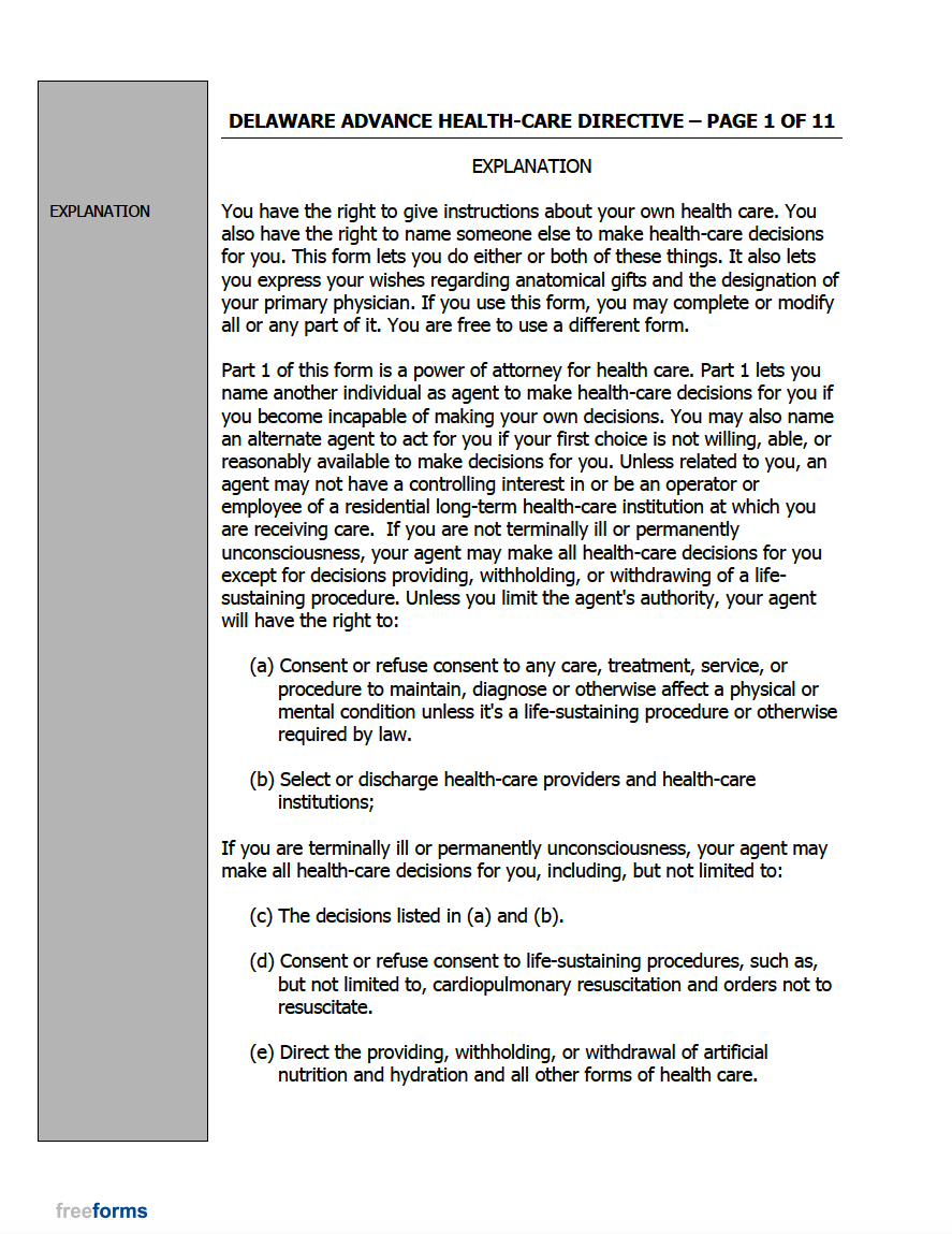 Free Delaware Advance Directive Form (Medical POA & Living Will) | PDF