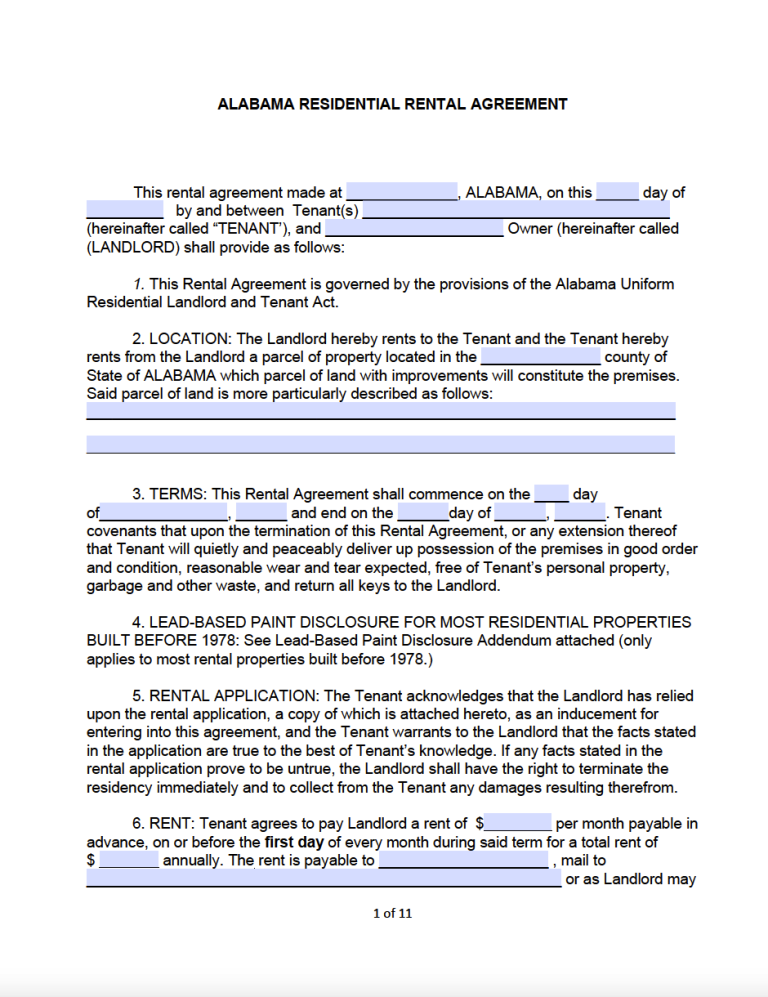 Free Alabama Standard Residential Lease Agreement Template | PDF