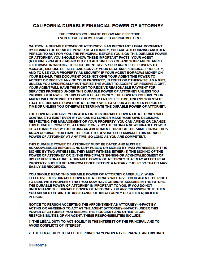 Free California Durable Financial Power Of Attorney Form PDF