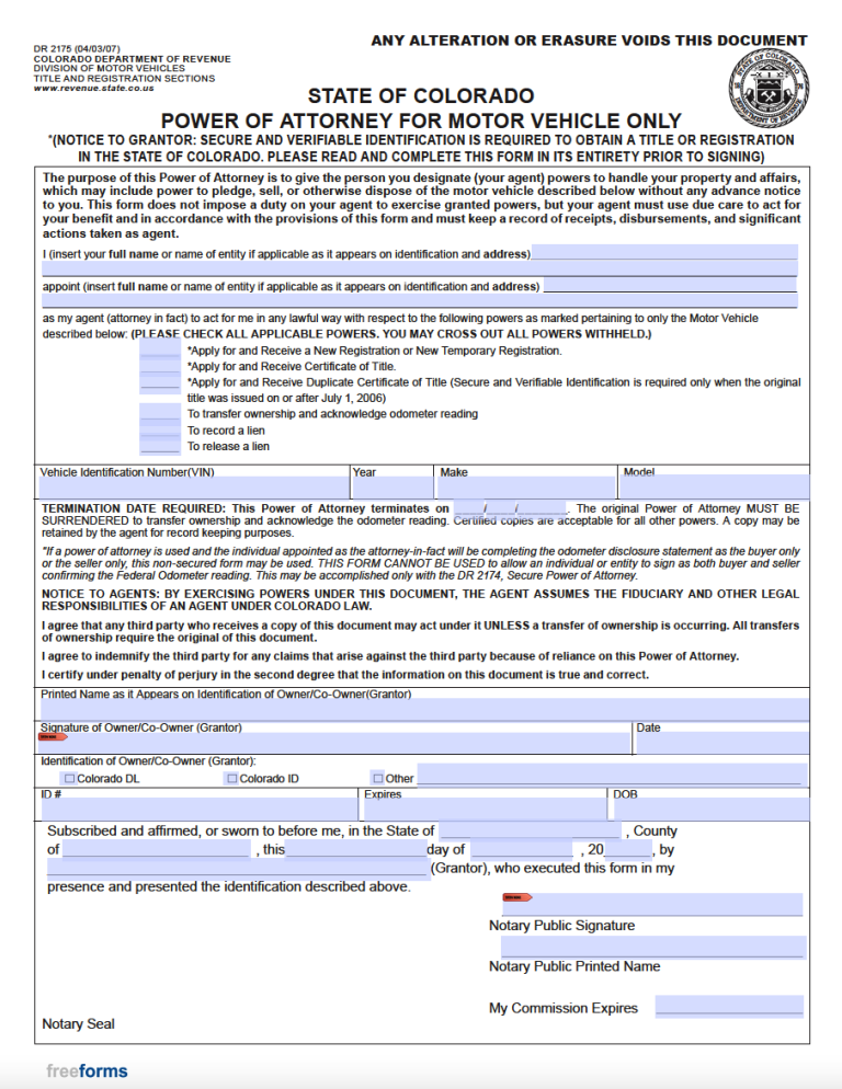 Free Colorado Motor Vehicle Power of Attorney Form | PDF