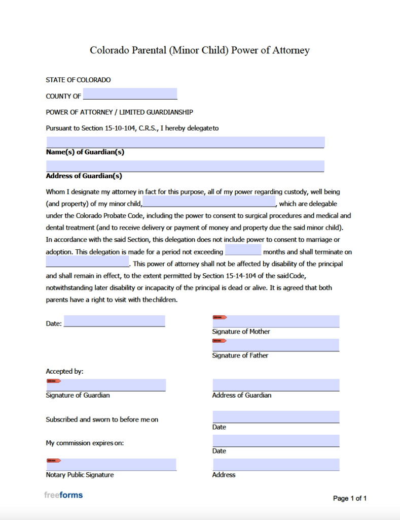 Free Colorado Minor Child Power of Attorney Form | PDF | WORD