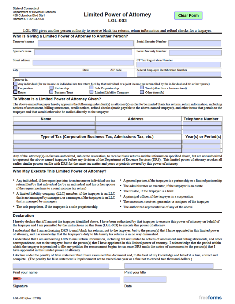 Free Connecticut Tax Power of Attorney (Form LGL-001) | PDF