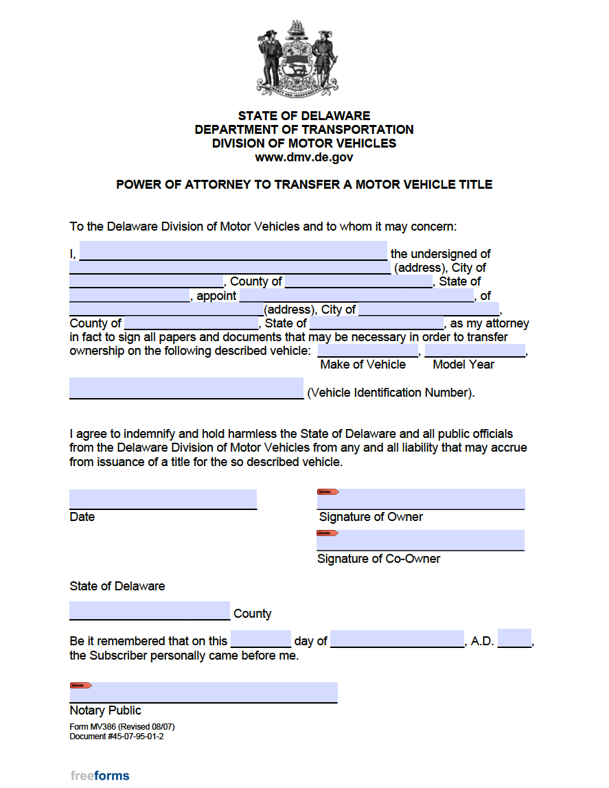 Free Delaware Motor Vehicle Power of Attorney Form | PDF