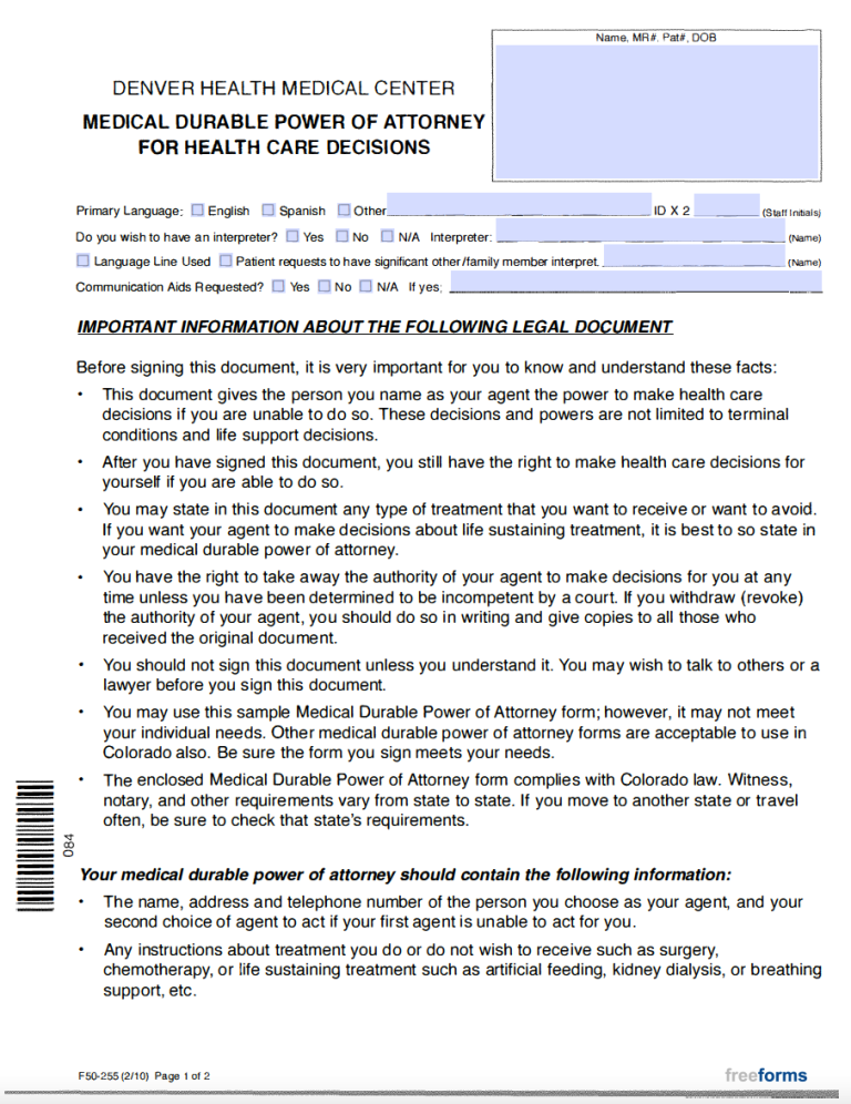 Free Colorado Medical Power of Attorney Form | PDF
