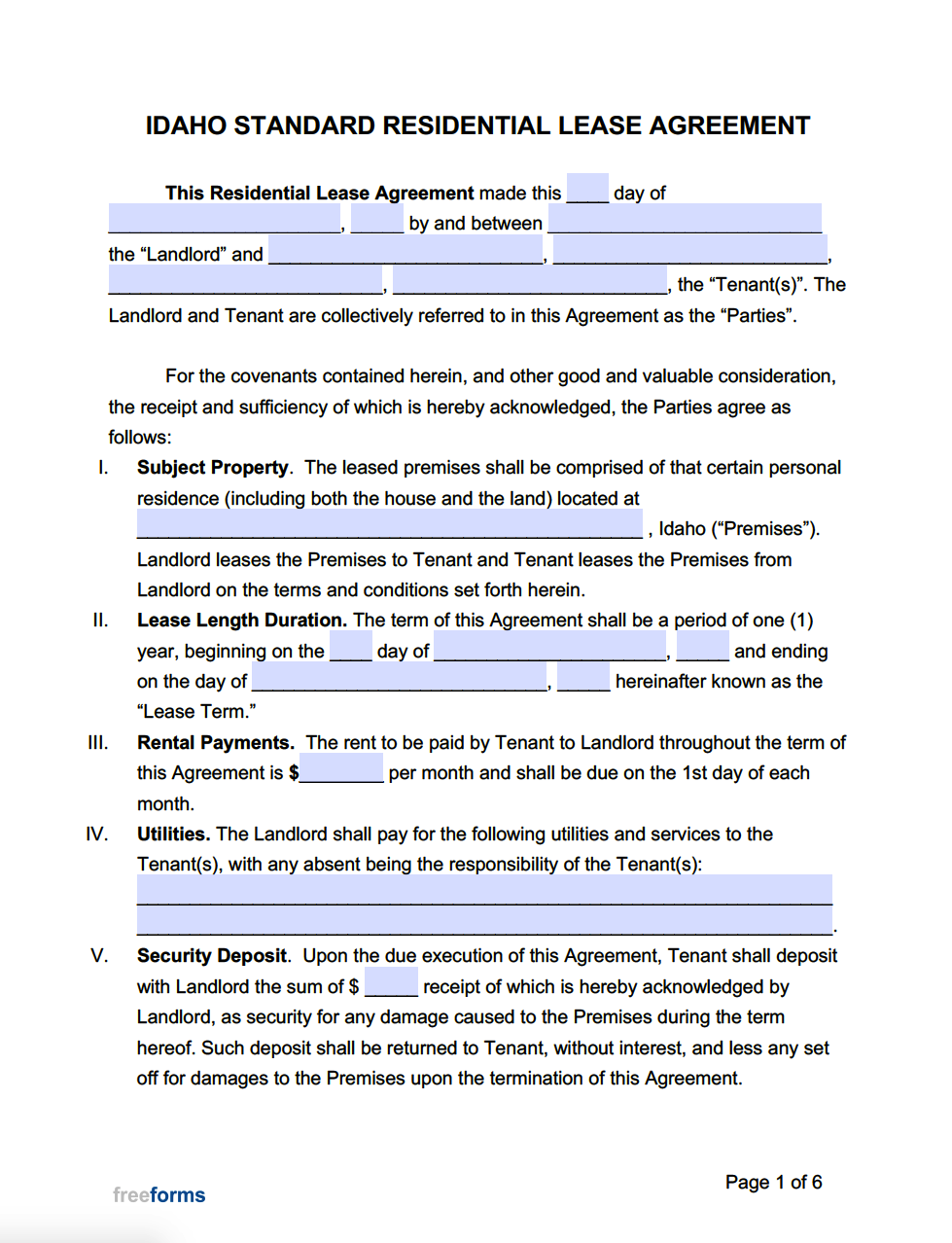 Free Idaho Standard Residential Lease Agreement Template PDF WORD