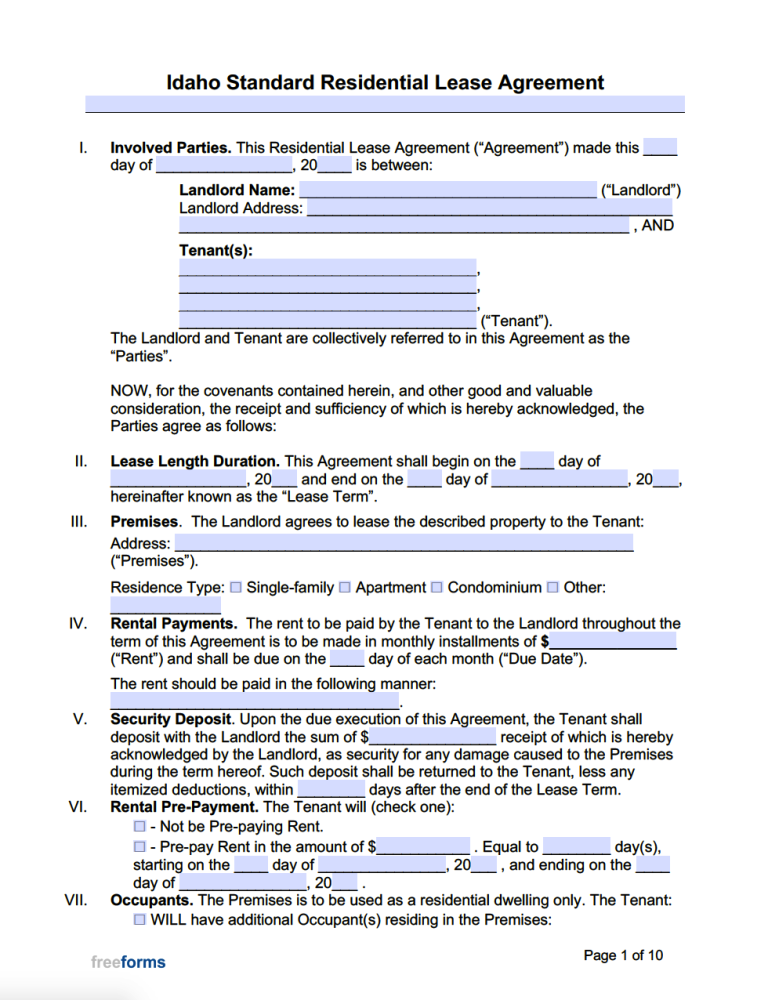 Free Idaho Standard Residential Lease Agreement Template PDF WORD