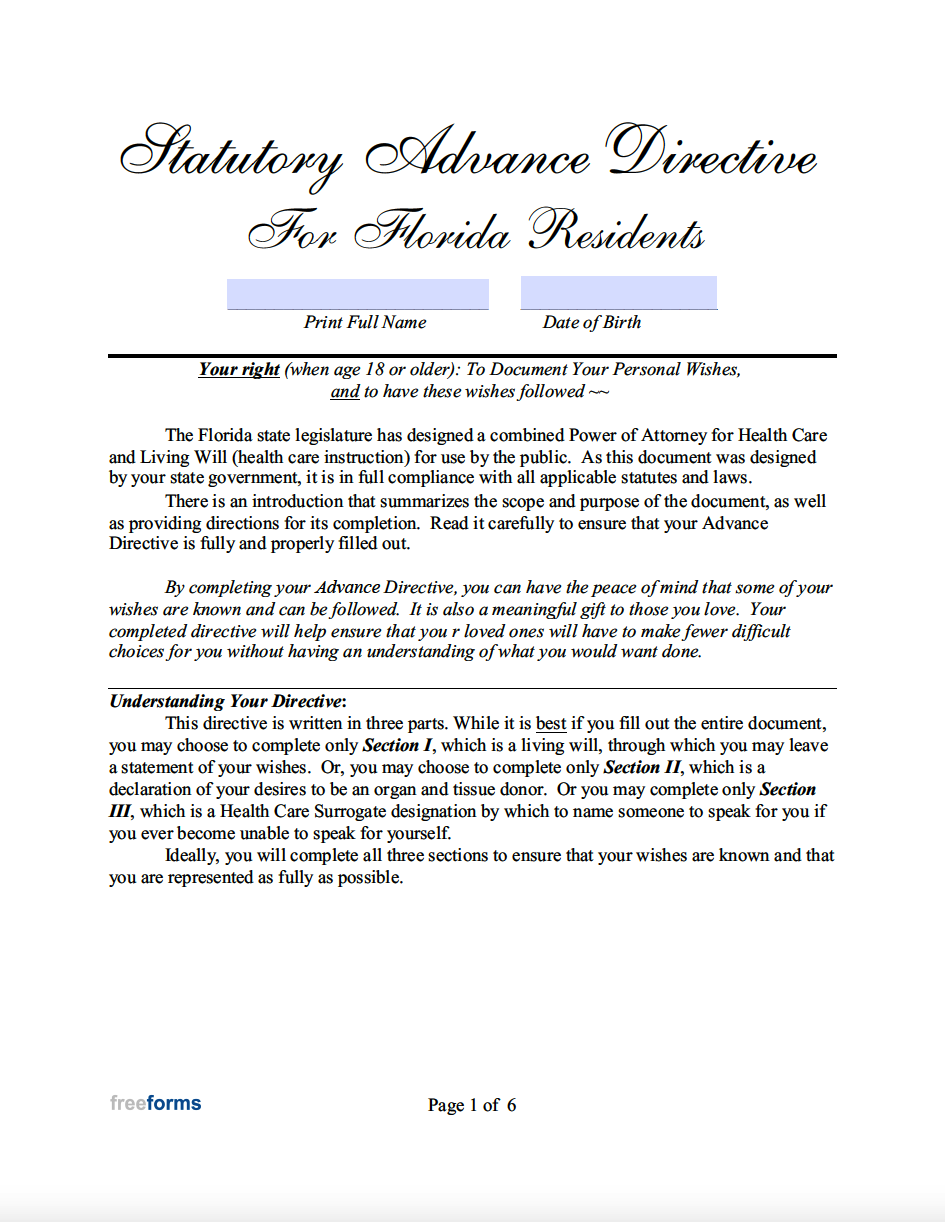 Free Florida Advance Directive Form (Medical POA & Living Will) | PDF