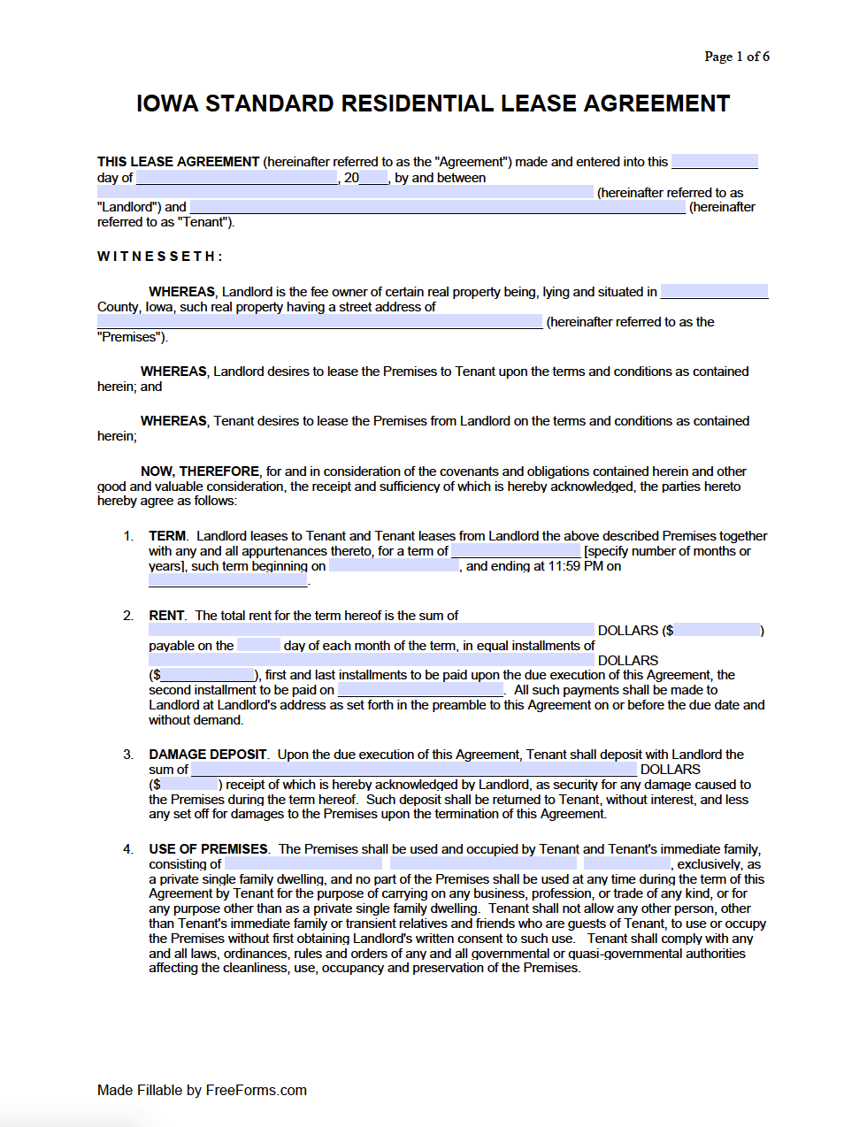 Free Iowa Standard Residential Lease Agreement Template PDF WORD