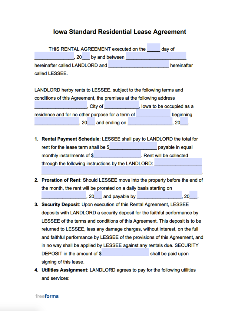Free Iowa Standard Residential Lease Agreement Template PDF WORD