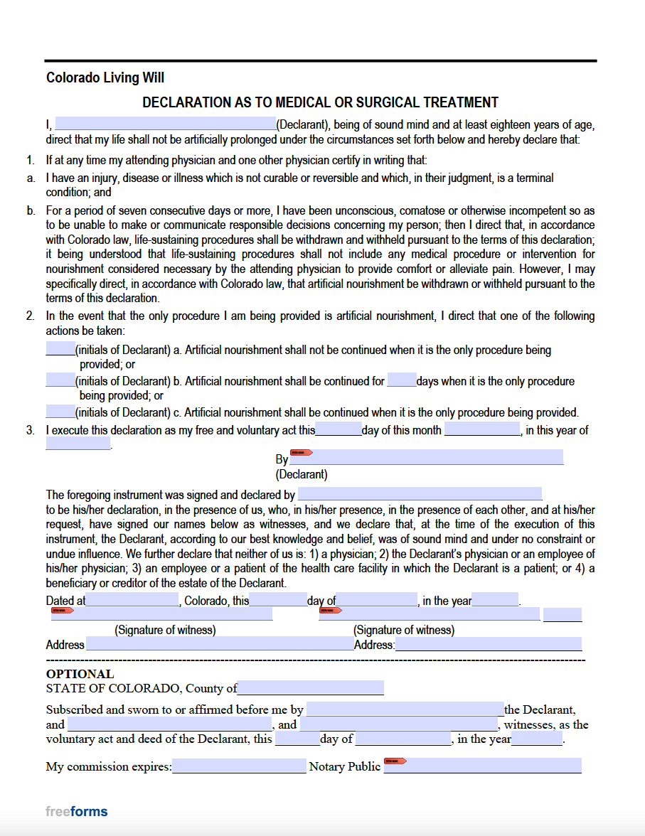 Free Colorado Living Will Form | PDF